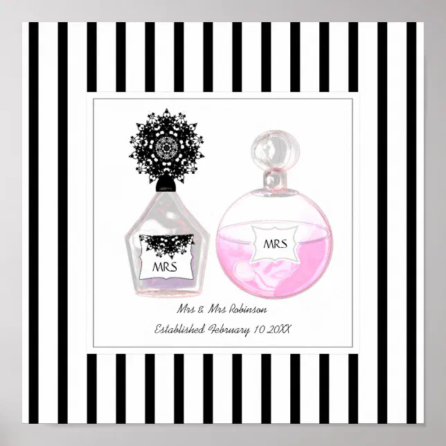 Mrs & Mrs Perfume Bottles Personalized Wedding Poster | Zazzle