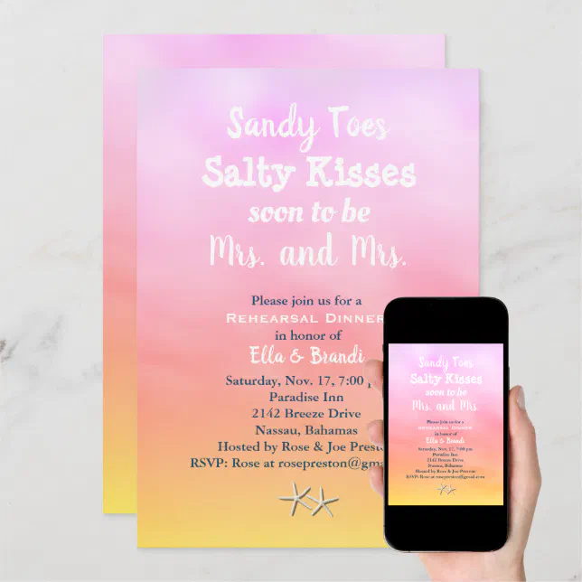 Mrs. & Mrs. Sandy Toes Rehearsal Dinner sunset Invitation | Zazzle