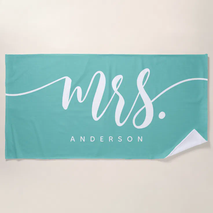 Mrs Teal And White Newlywed Bride Personalized Beach Towel | Zazzle