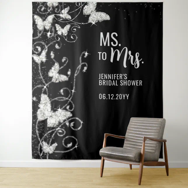 Ms to Mrs Butterflies Black Bridal Shower Backdrop | Zazzle