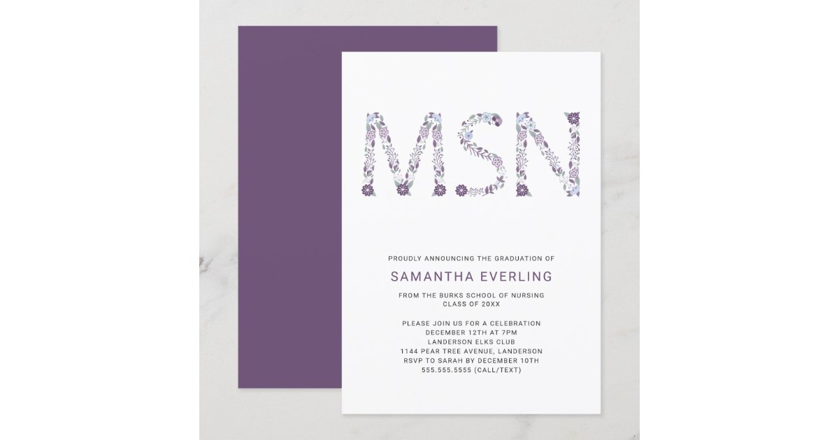MSN graduation celebration, floral nurse purple Invitation | Zazzle