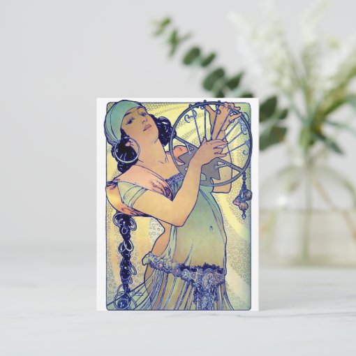 mucha gypsy tambourine dance music woman postcard | Zazzle