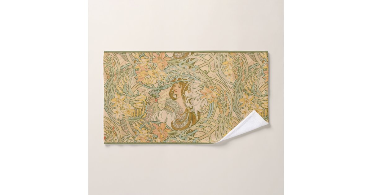 Mucha Lilies Art Nouveau Language of Flowers Hand Towel | Zazzle