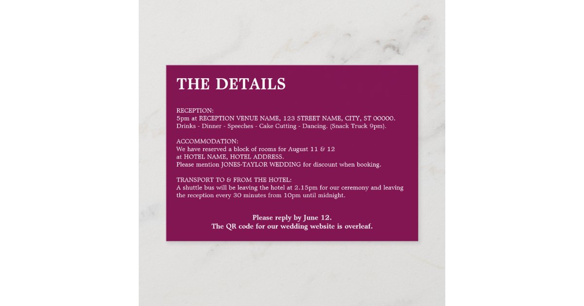 Mulberry Wine QR Code Wedding Details Card | Zazzle