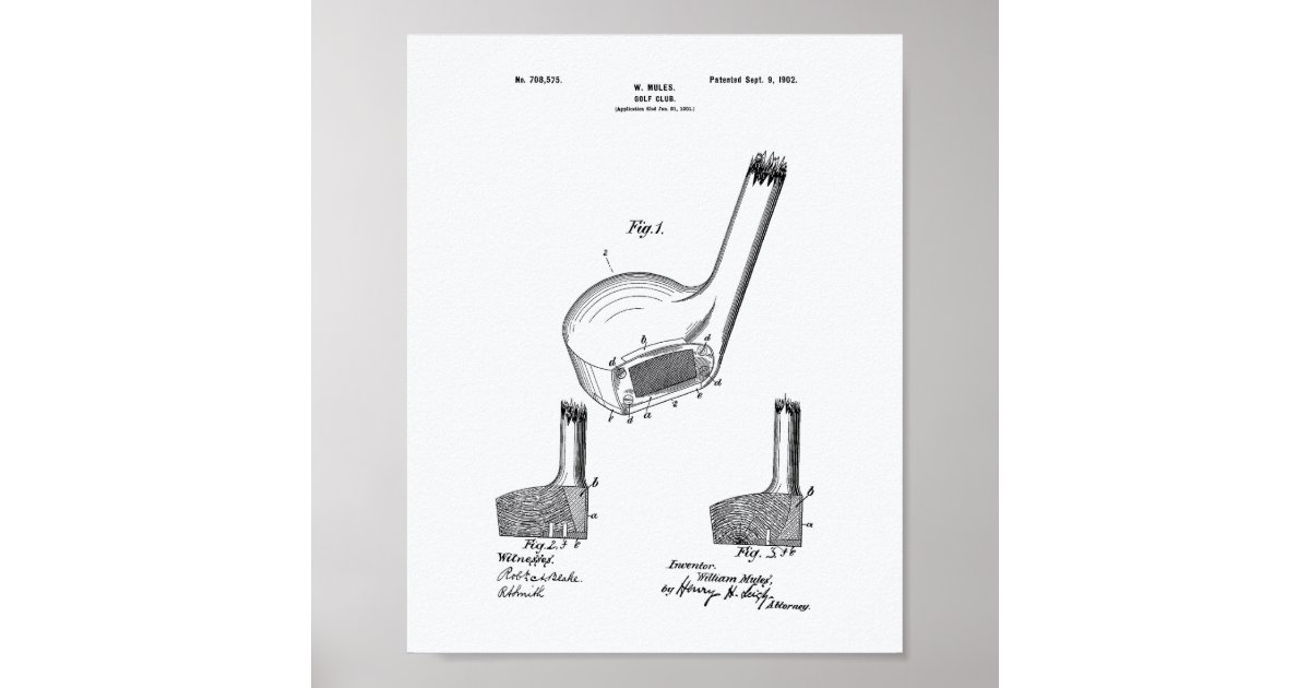 Mules Golf Club 1902 Patent Art - White Paper Poster | Zazzle
