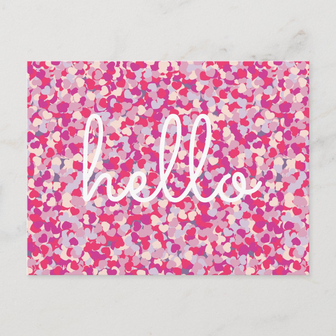 Multi Color Heart Confetti Hello Custom Message Postcard | Zazzle