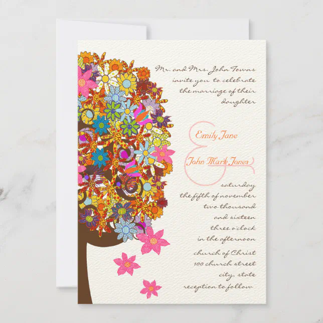 Multi Colored Flower Love Tree Wedding Invitation | Zazzle