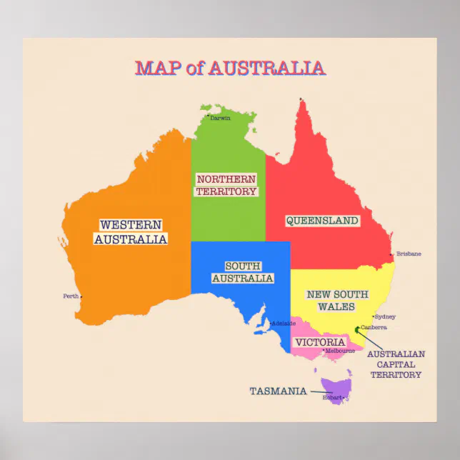 Multi-Colored Map of Australia Poster | Zazzle