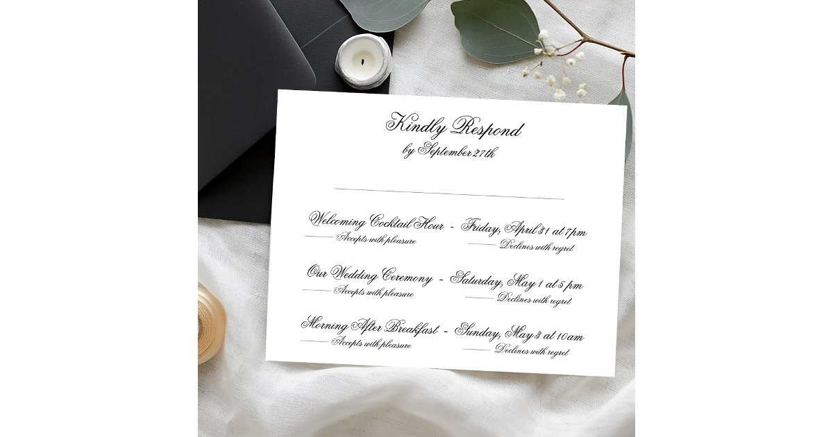 Multi-Event Formal Black & White Classic Wedding RSVP Card | Zazzle
