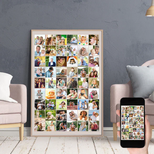 Multi Photo 54 Picture Grid Collage Beige Poster | Zazzle