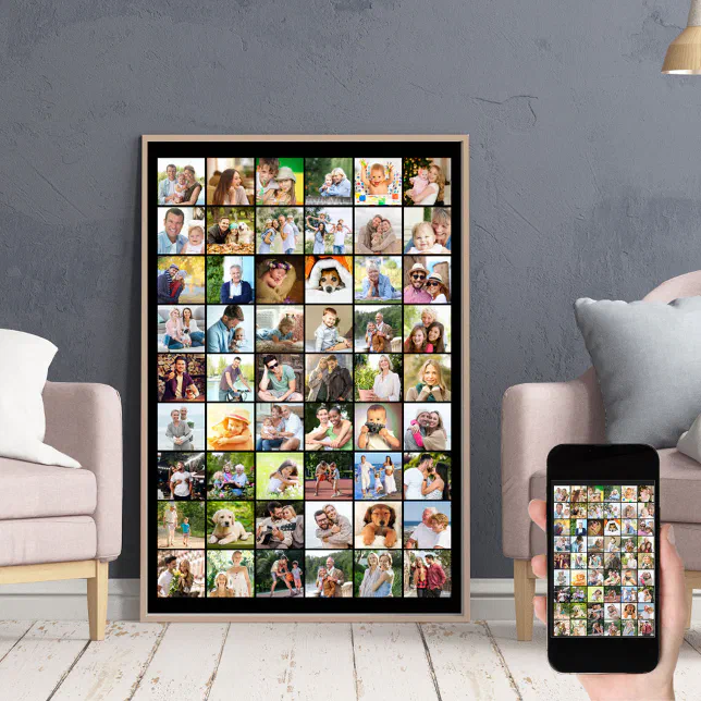 Multi Photo 54 Picture Grid Collage Black Poster | Zazzle