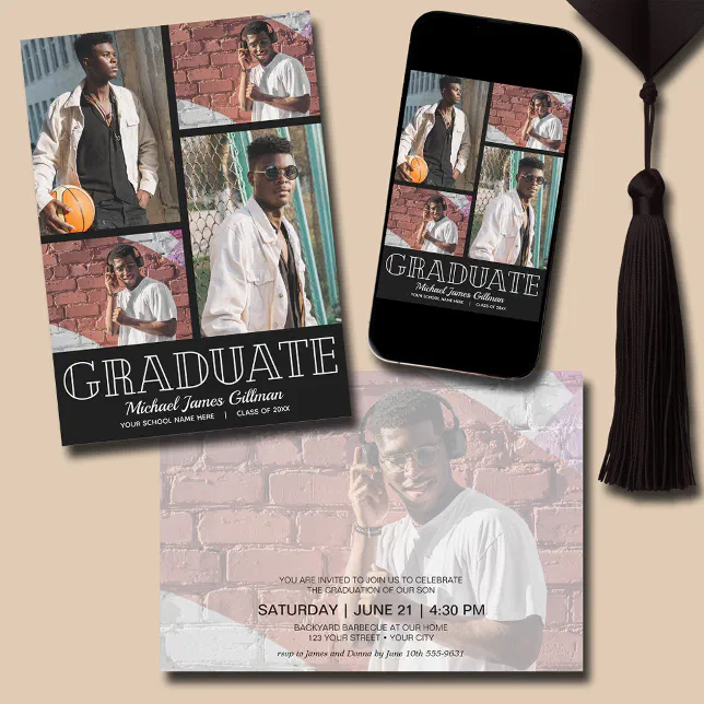 Multi Photo Black Graduation Party Invitation | Zazzle