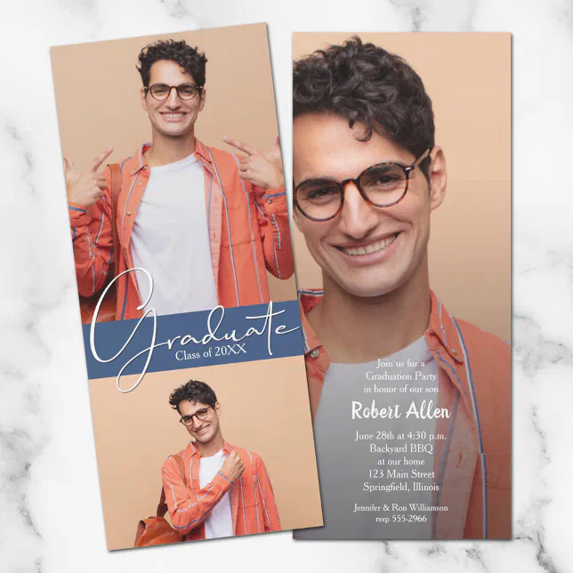 Multi Photo Blue Graduation Party Invitations | Zazzle