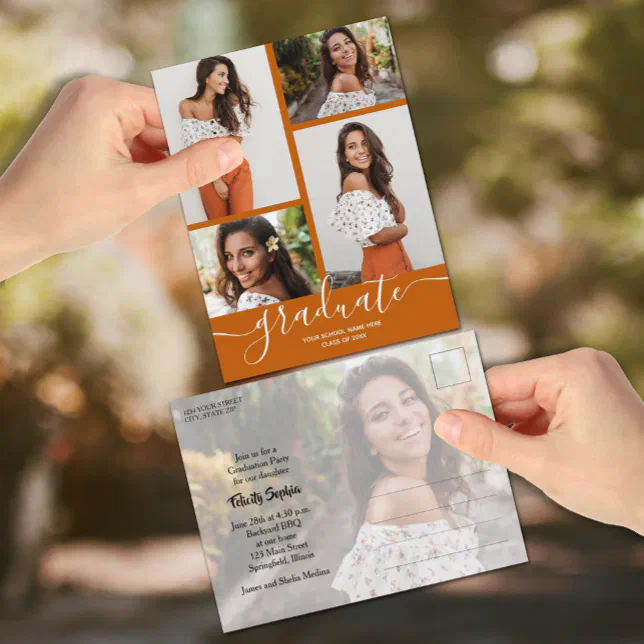 Multi Photo Burnt Orange Graduation Invitation Postcard | Zazzle