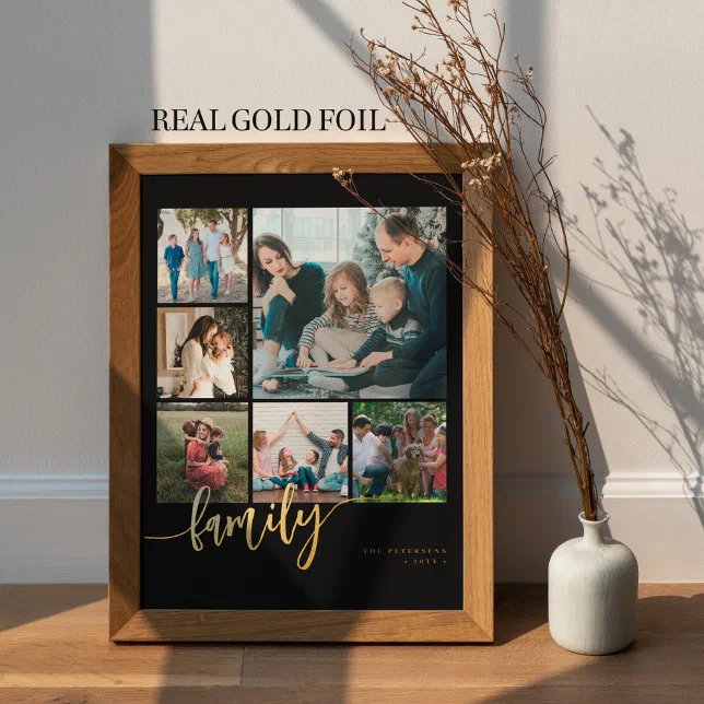 Multi photo collage family script modern foil prints | Zazzle