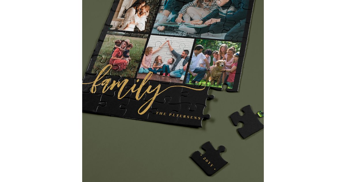 Multi photo collage family script modern keepsake jigsaw puzzle | Zazzle