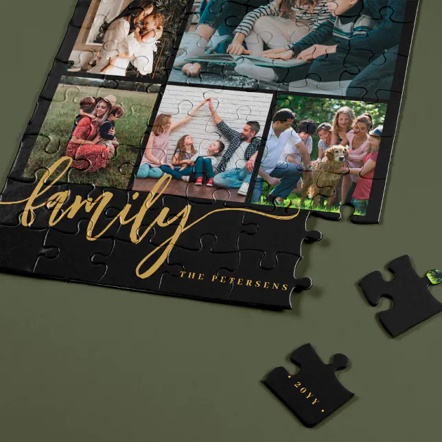 Multi photo collage family script modern keepsake jigsaw puzzle | Zazzle