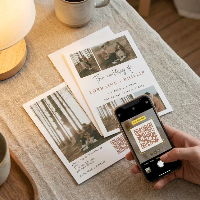 Multi Photo Collage QR Code Minimalist Wedding Invitation | Zazzle