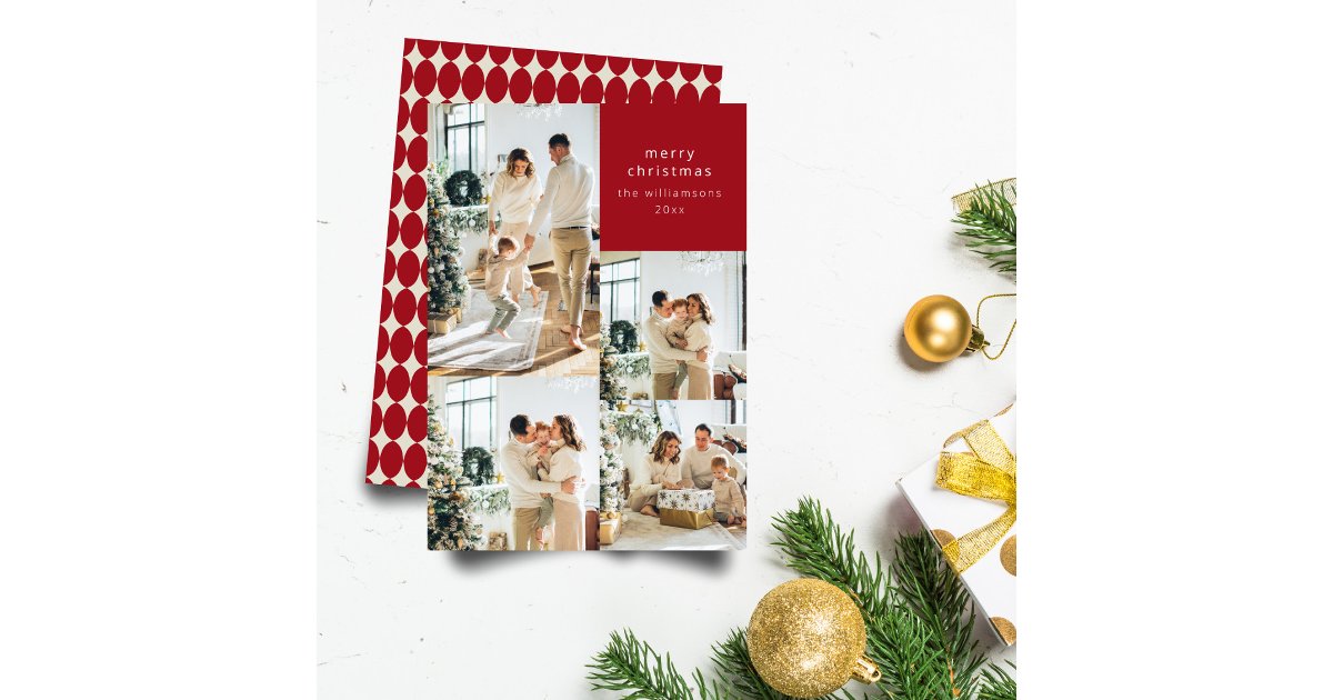 Multi Photo Collage Red Baubles Retro Christmas Holiday Card | Zazzle