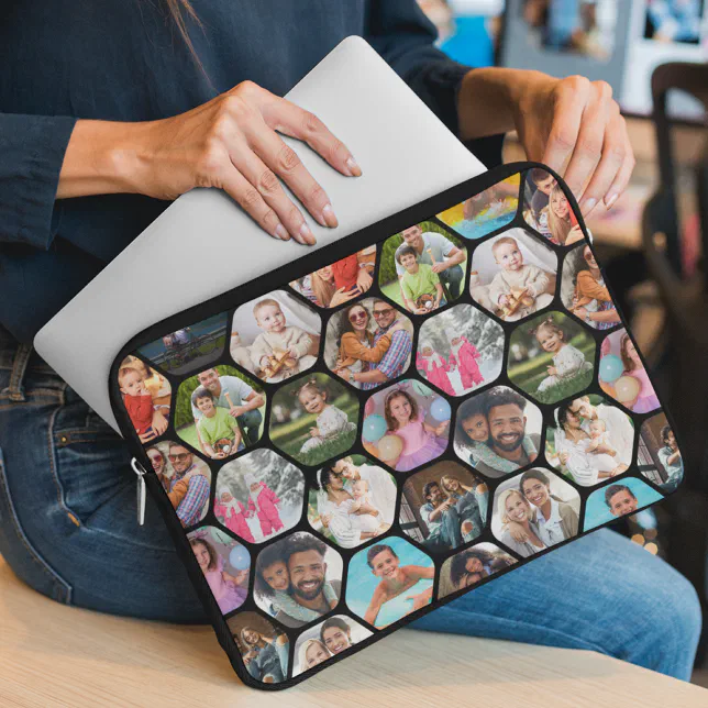 Multi Photo Collage Simple Modern Hexagon Pattern Laptop Sleeve | Zazzle