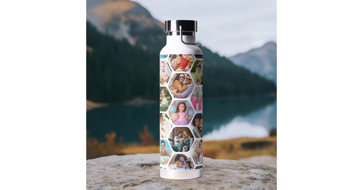 Multi Photo Collage Simple Modern Hexagon Pattern Water Bottle | Zazzle