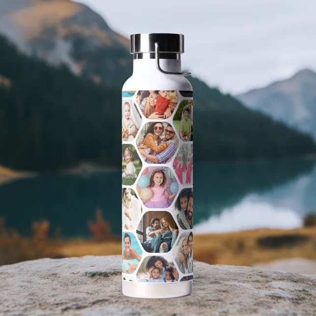 Multi Photo Collage Simple Modern Hexagon Pattern Water Bottle | Zazzle