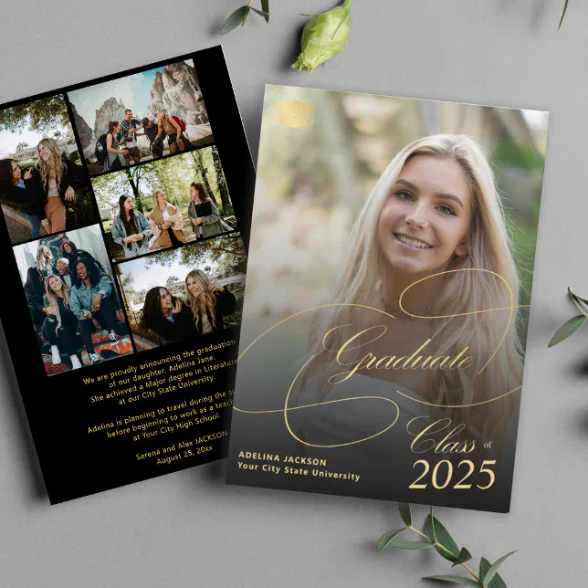 Multi photo gold black graduate script graduation announcement | Zazzle