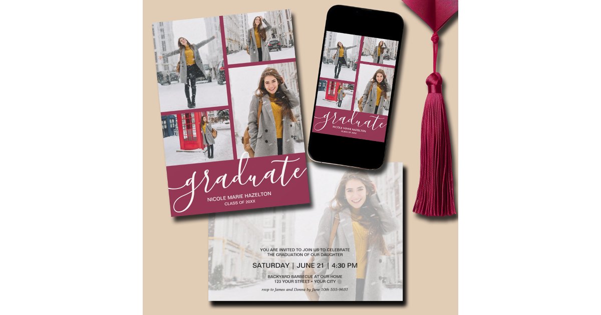 Multi Photo Maroon Graduation Party Invitation | Zazzle