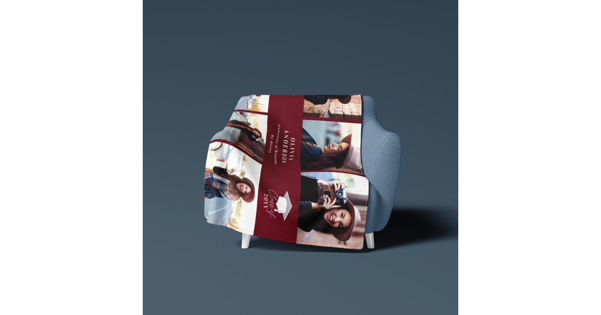 Multi photo modern burgundy script graduation flee fleece blanket | Zazzle