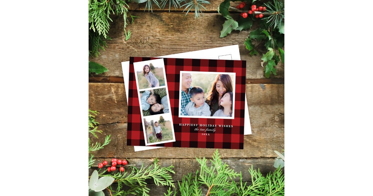 Multi-Photo Red Black Buffalo Plaid Holiday Card | Zazzle