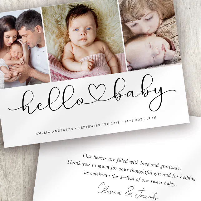 Multi Photo Script with Heart New Baby Photo Announcement | Zazzle