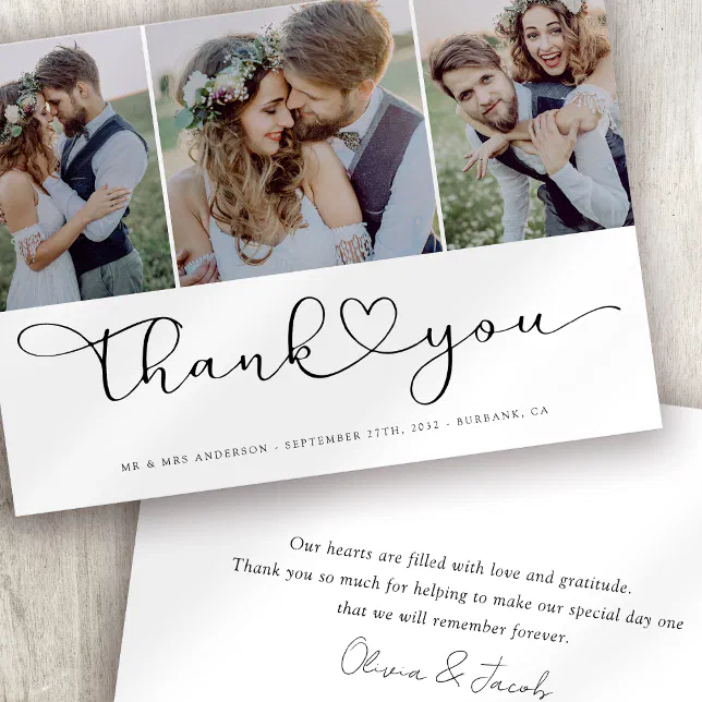 Multi Photo Script with Heart Wedding Photo Thank You Card | Zazzle