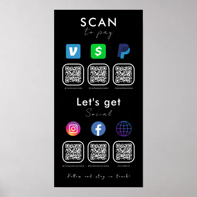 Multi QR Code Connect With Us Scan To Pay Black Poster | Zazzle