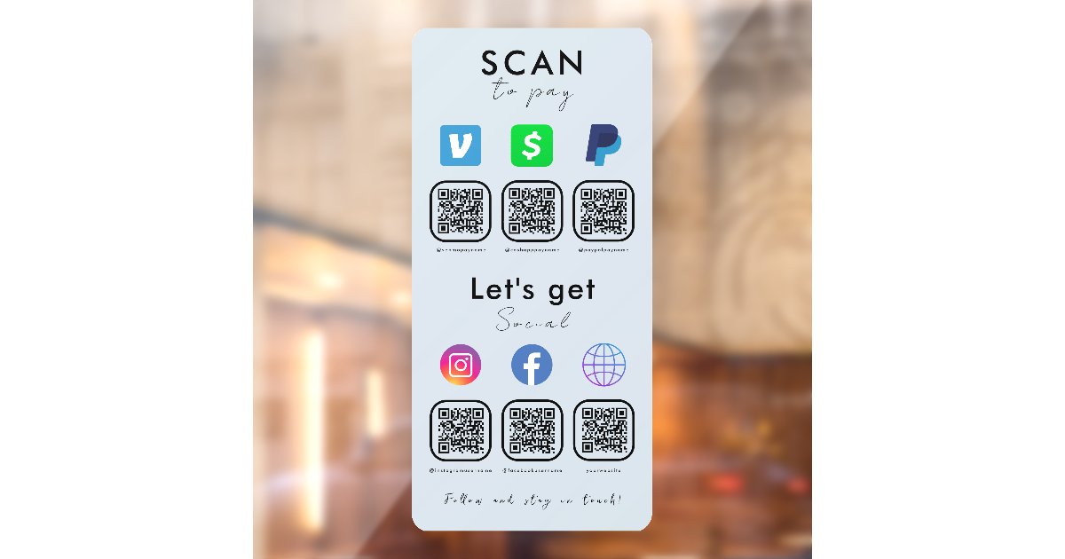 Multi QR Code Social Media Scan To Pay Soft Navy Window Cling | Zazzle