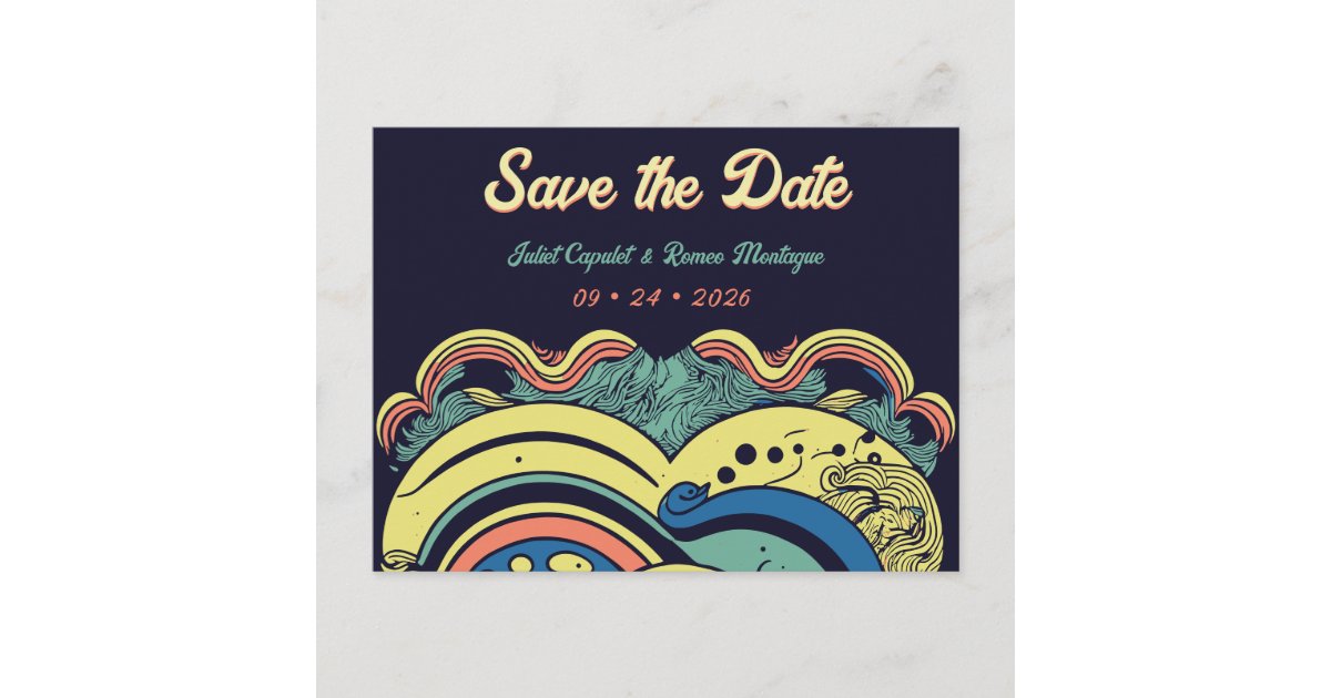 Multicolor 70's groovy psychedelic save the date postcard | Zazzle