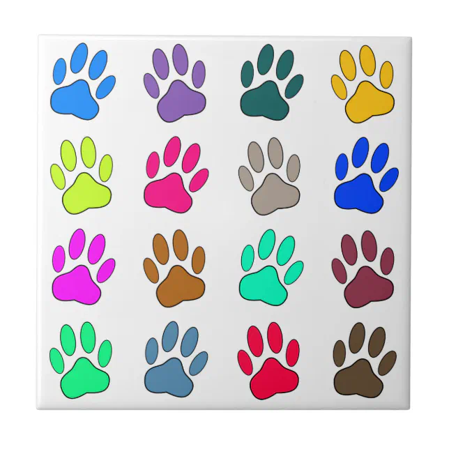 Multicolored Dog Paw Print Pattern Square Ceramic Tile | Zazzle