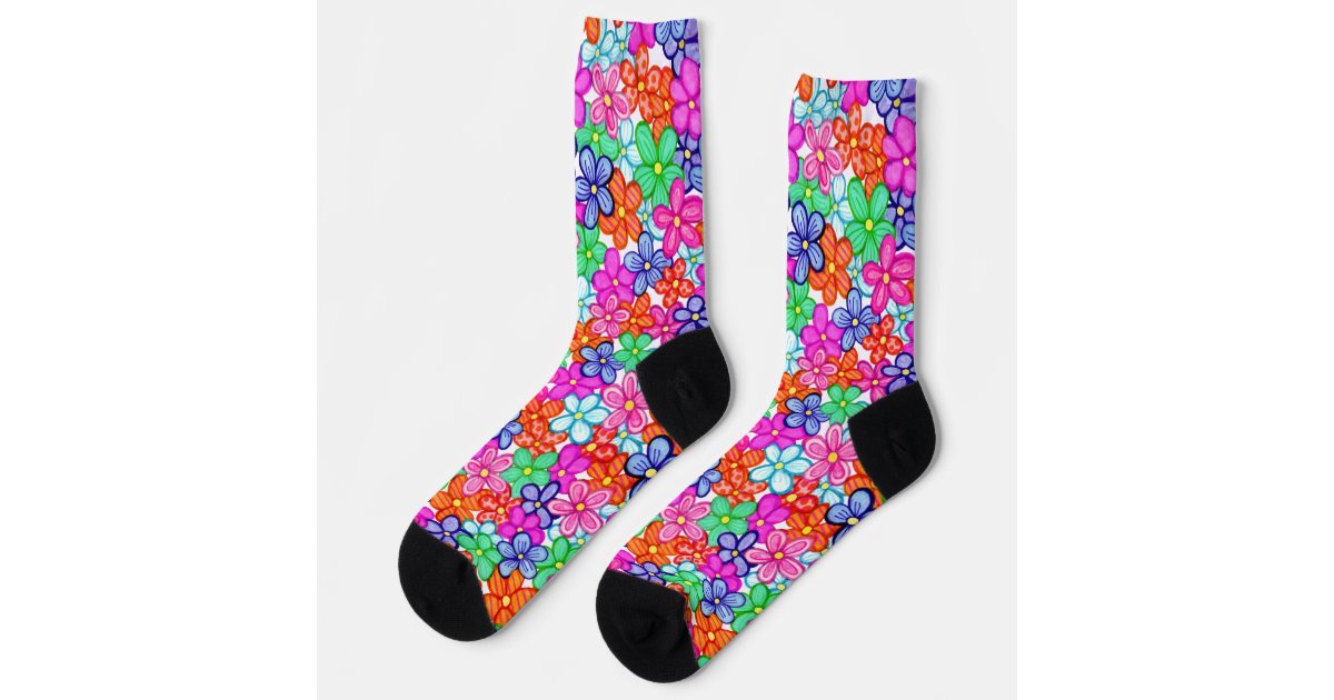 Multicolored Flowers Floral Illustration Pattern Socks | Zazzle