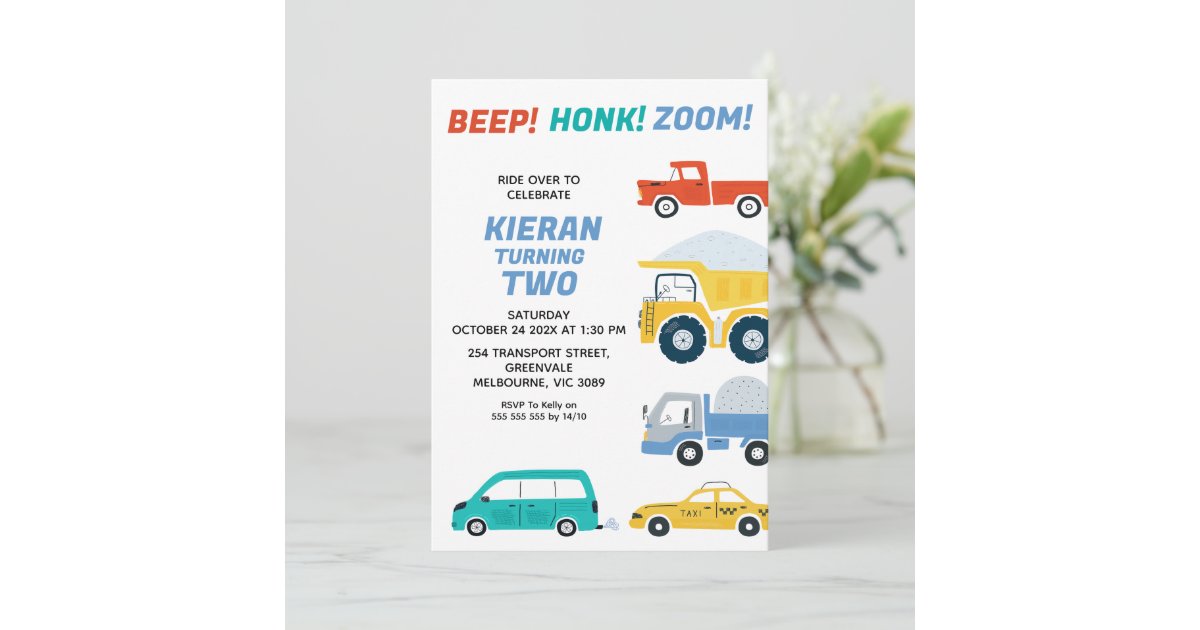 Multicolored Vehicles Transport Birthday Invitation | Zazzle