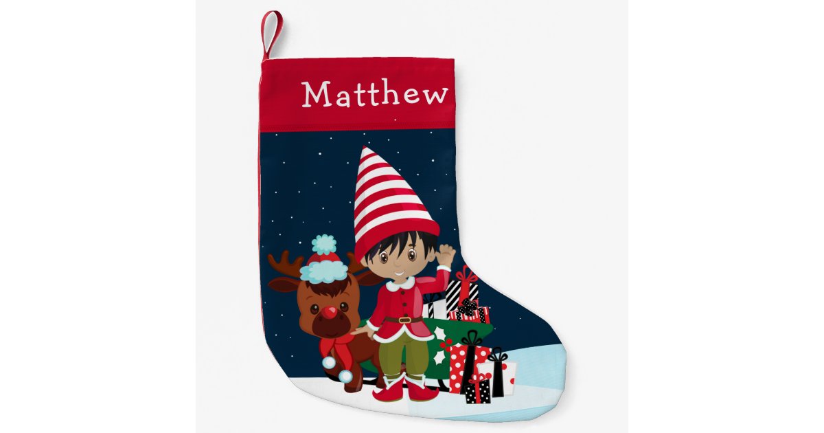 Multicultural Elf Boy with Rudolph Small Christmas Stocking | Zazzle