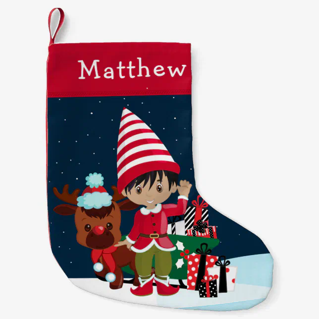 Multicultural Elf Boy with Rudolph Small Christmas Stocking | Zazzle
