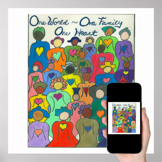 Multicultural Poster One World, One Family, Heart | Zazzle