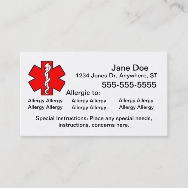 Multiple Allergy Cards - Emergency | Zazzle