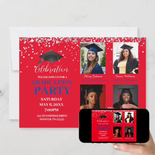 Multiple Photo red and blue Graduation Party Invitation | Zazzle