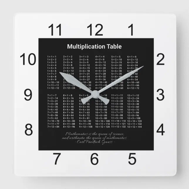 Multiplication Table White Text On Dark Square Wall Clock | Zazzle