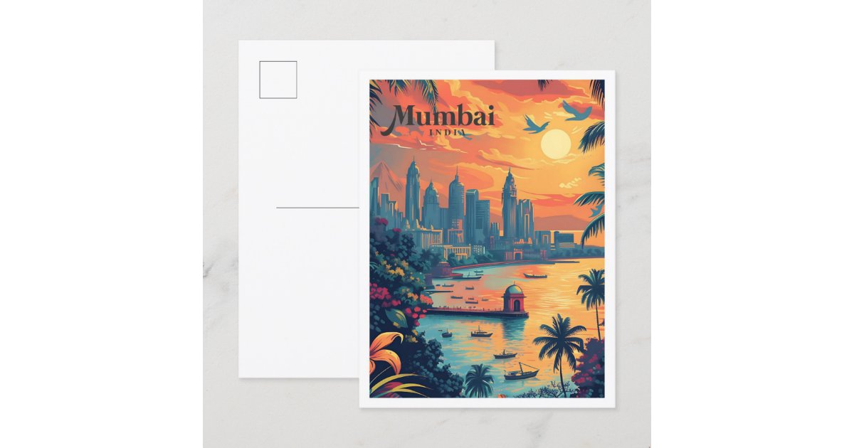 Mumbai India Vintage Art Travel Illustration Postcard | Zazzle