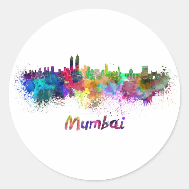 Mumbai skyline in watercolor classic round sticker | Zazzle