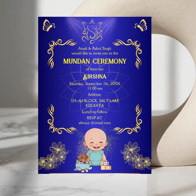 Mundan Ceremony Ganesha Logo Blue Golden Butterfly Invitation | Zazzle
