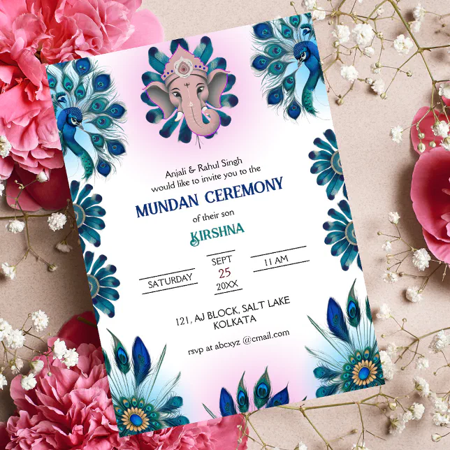 Mundan Ceremony Ganesha logo Peacock Design Invitation | Zazzle