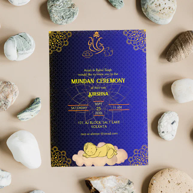 Mundan Ceremony Ganesha logo Royal Golden & Blue Invitation | Zazzle