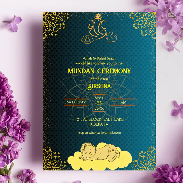 Mundan Ceremony Ganesha logo Royal Golden & Teal Invitation | Zazzle